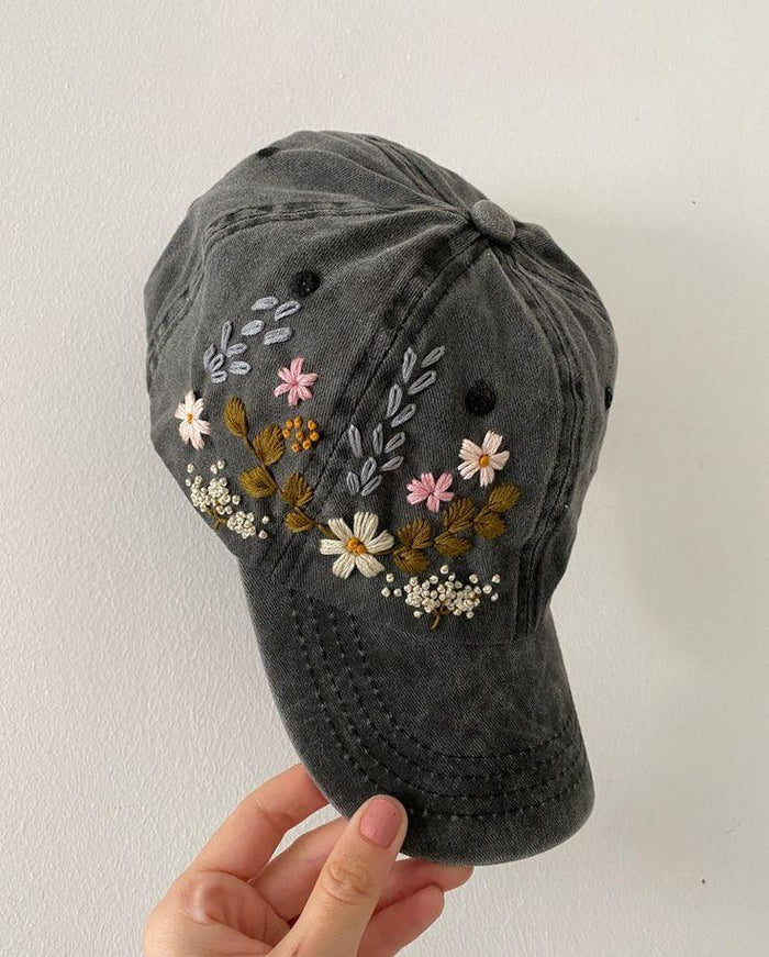 Floral Hand-Embroidered Denim Cap | Vee Threads
